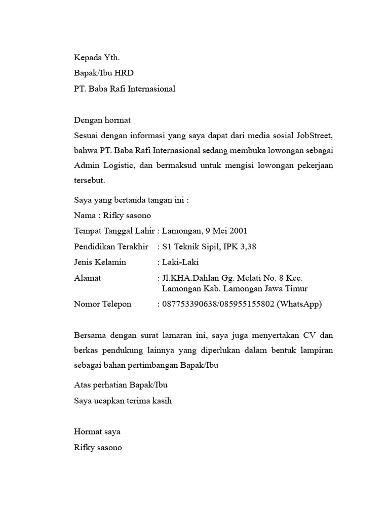 Surat Lamaran Kerja PT. Baba Rafi Internasional | PDF