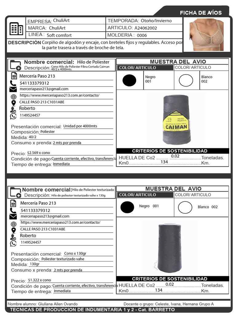 Ficha Técnica de Avíos Textiles | PDF | Bienes de consumo | Ropa