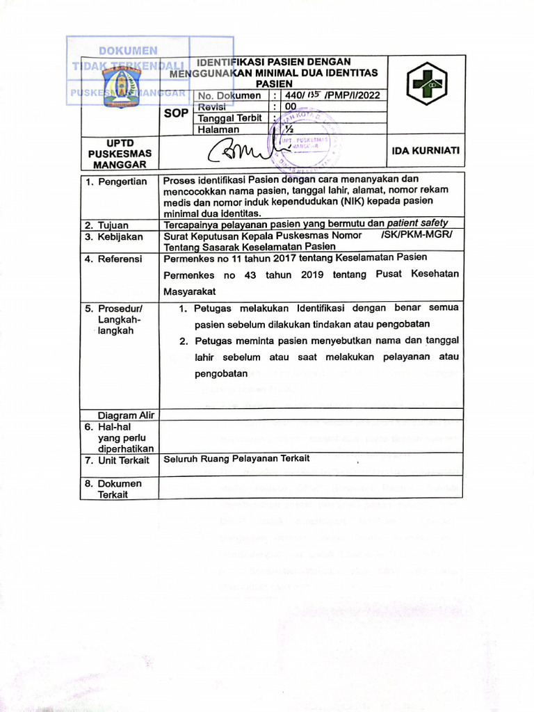 5.3.1a SOP IDENTIFIKASI PASIEN DENGAN MENGGUNAKAN MINIMAL DUA IDENTITAS PASIEN | PDF