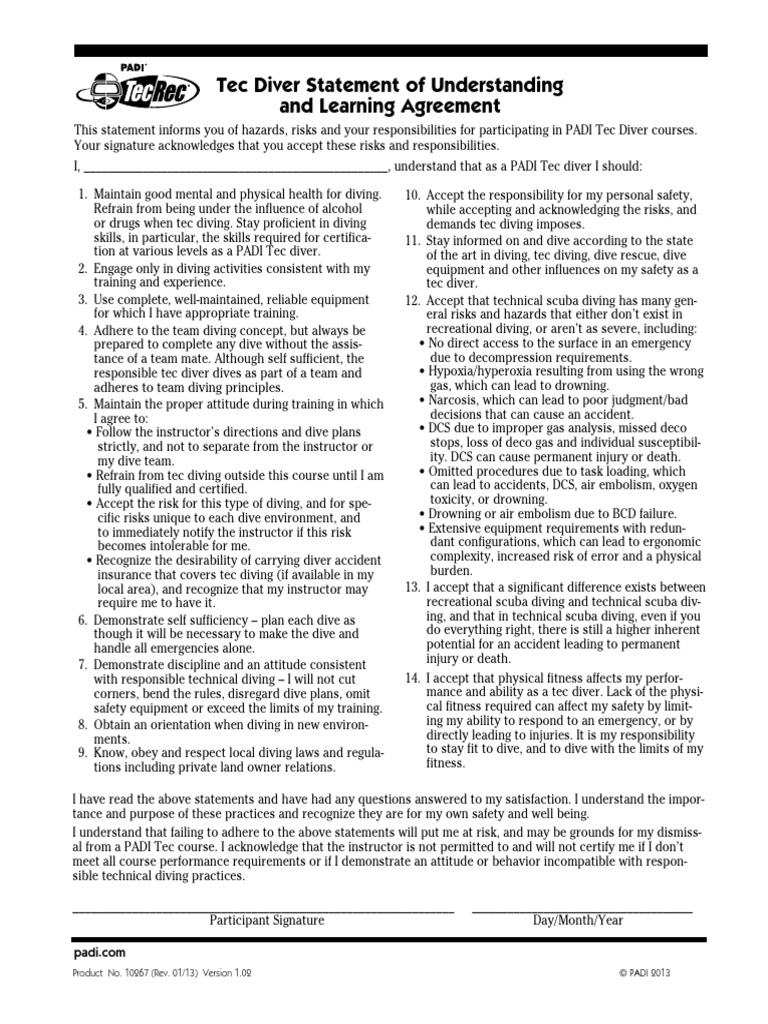 Tec Diver Statement of Understanding and Learning Agreement | PDF ...
