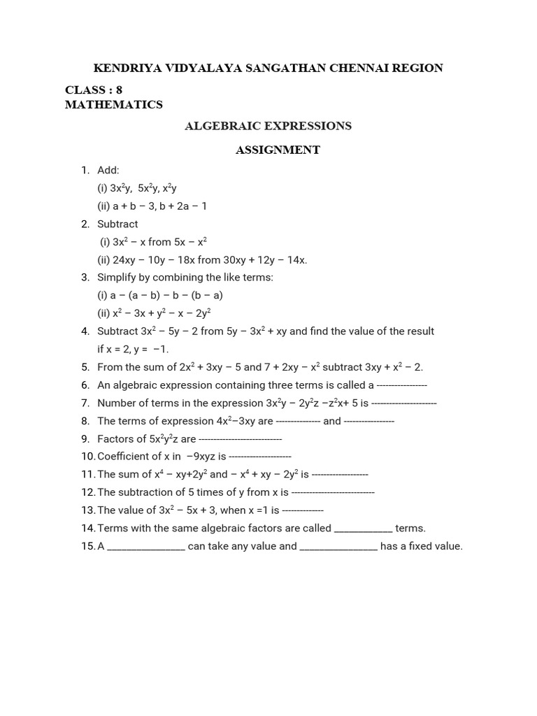 Algebraic Expressions ASSIGNMENT | PDF