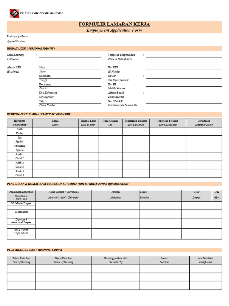 Formulir Lamaran Kerja Template Pdf