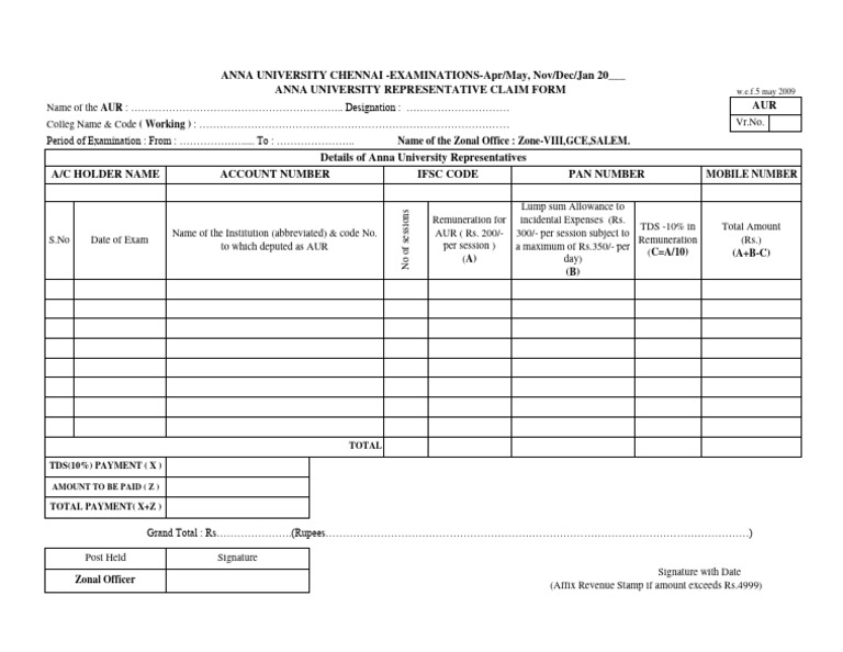 Anna University Representative Claim Form Anna University Chennai ...