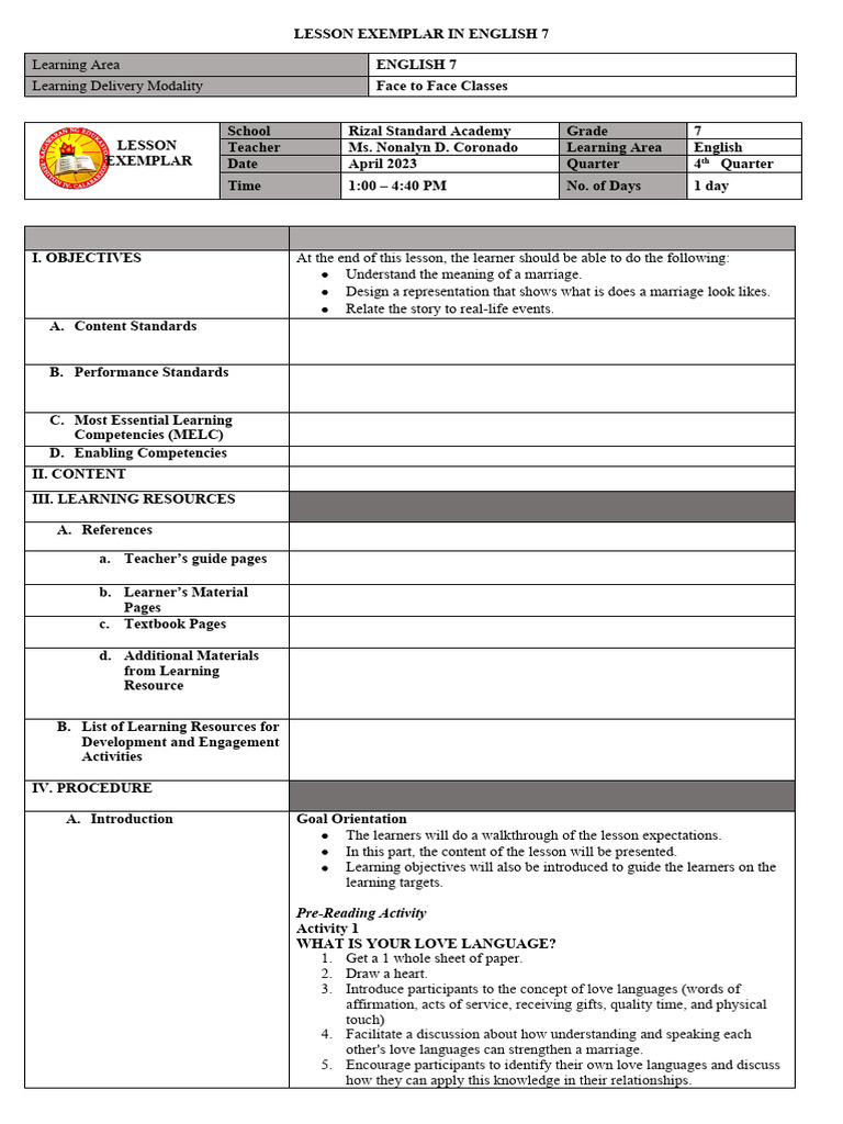 Grade 7 Week 2 | PDF | Marriage | Learning