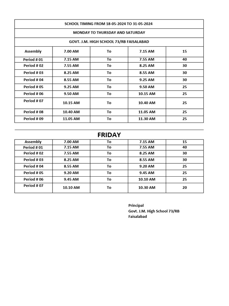 School Timing 18-05-2024 To 15-05-2024. | PDF