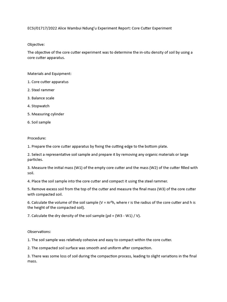 Core Cutter | PDF | Experiment | Density