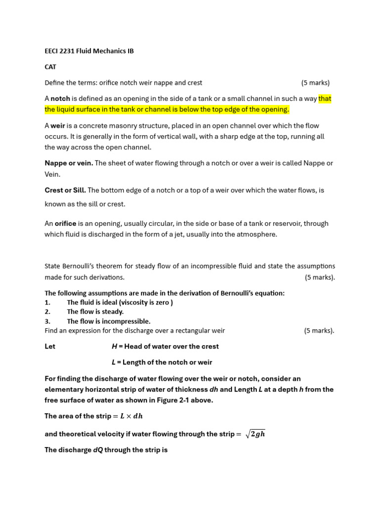 Eeci 2231 Fluid Mechanics Ib Cat Marking Scheme - Evening | Download Free PDF | Fluid Dynamics ...