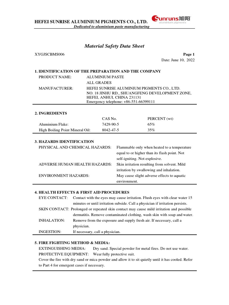 MSDS Effect Pigment Paste-SUNRUNS | PDF | Water | Solvent
