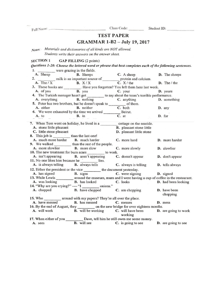 Test Final Grammar b2 7.2019 | PDF