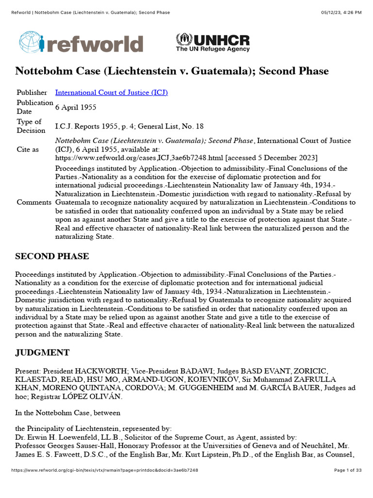 Refworld - Nottebohm Case (Liechtenstein v. Guatemala) Second Phase ...