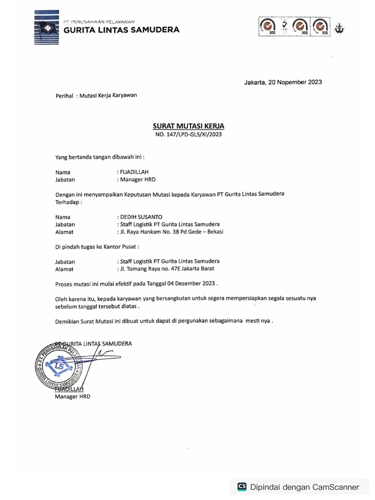 Surat Mutasi Kerja | PDF