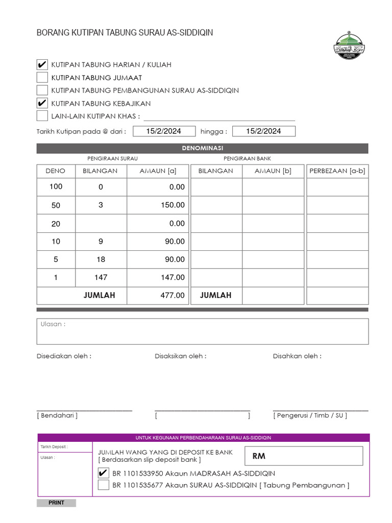 Borang Kutipan Tabung Surau FORM | PDF