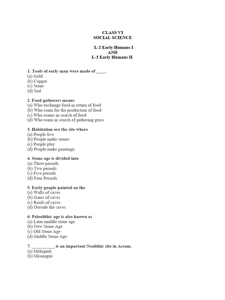 Early Humans Worksheet for Class 6 | PDF