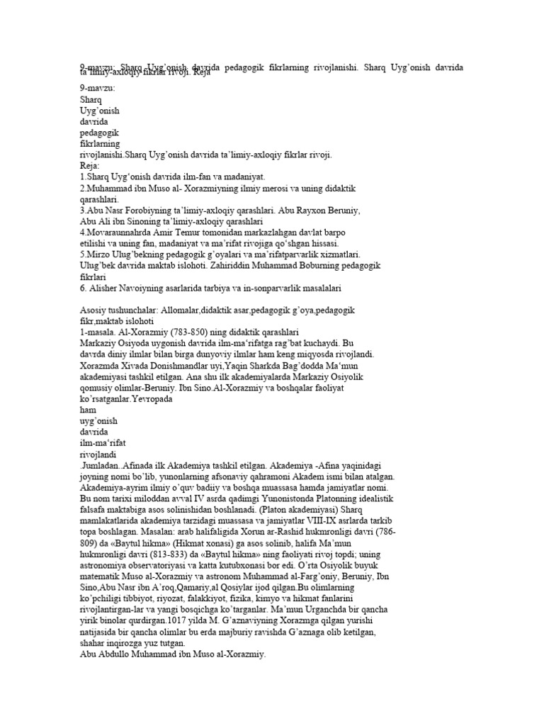 9 - Mavzu - Sharq - Uyg'onish - Davrida - Pedagogik - Fikrlarning - Rivojlani 84072 | PDF