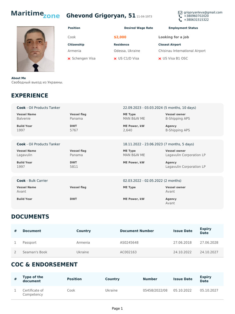 CV Ghevond Grigoryan | PDF | Oil Tanker | Merchant Navy