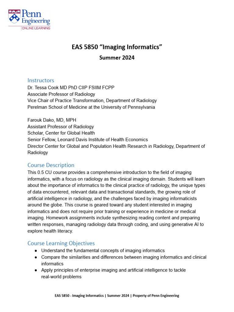 Summer 24 EAS 5850 Imaging Informatics Syllabus | PDF | Health ...