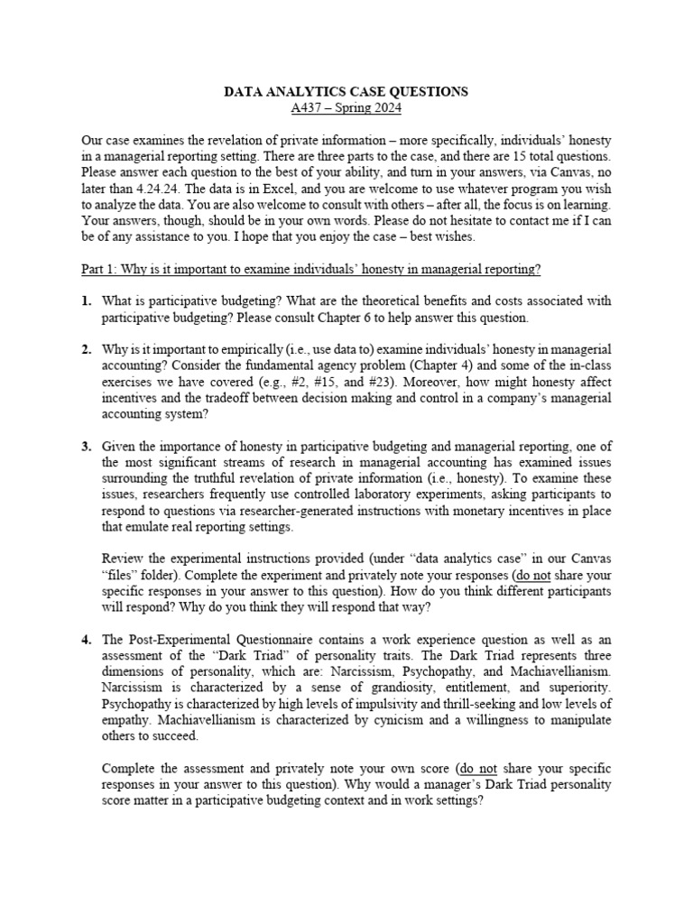 Data Analytics Case - Questions | Download Free PDF | Dark Triad | Psychology