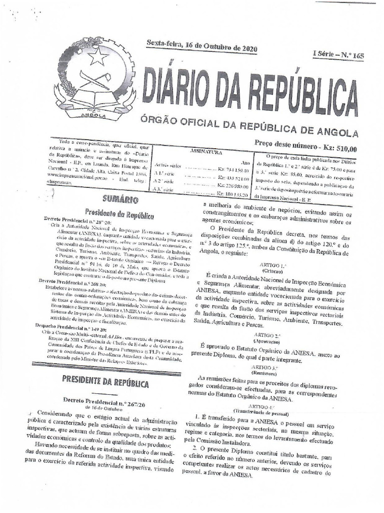 Decreto Presidencial N. 267.20 Estatuto Orgânico Da Aniesa | PDF