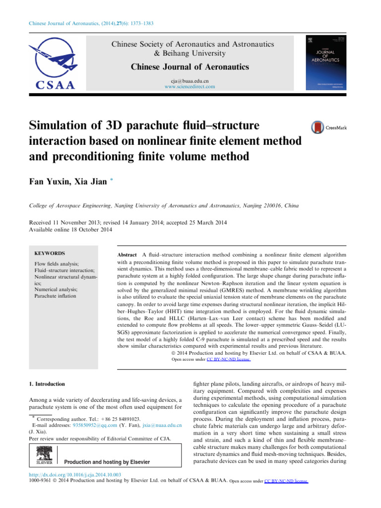 Simulation Of 3d Parachute Fluid Structure Download Free Pdf Parachute Finite Element Method