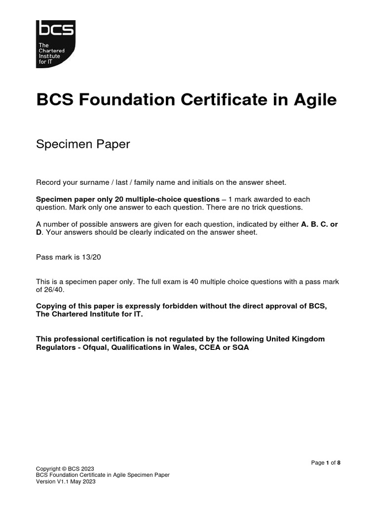 Agile Foundation Specimen Paper and Answer Key | PDF | Scrum (Software ...