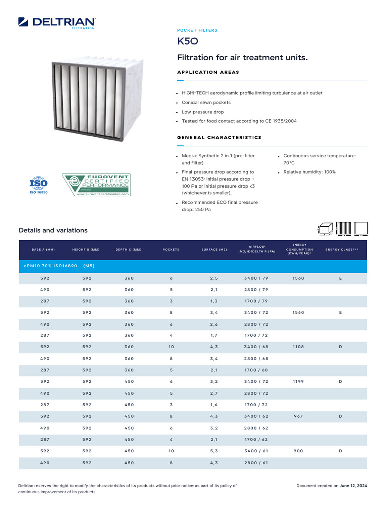 Pocket Filters K50 for Air Units | PDF | Chemical Engineering