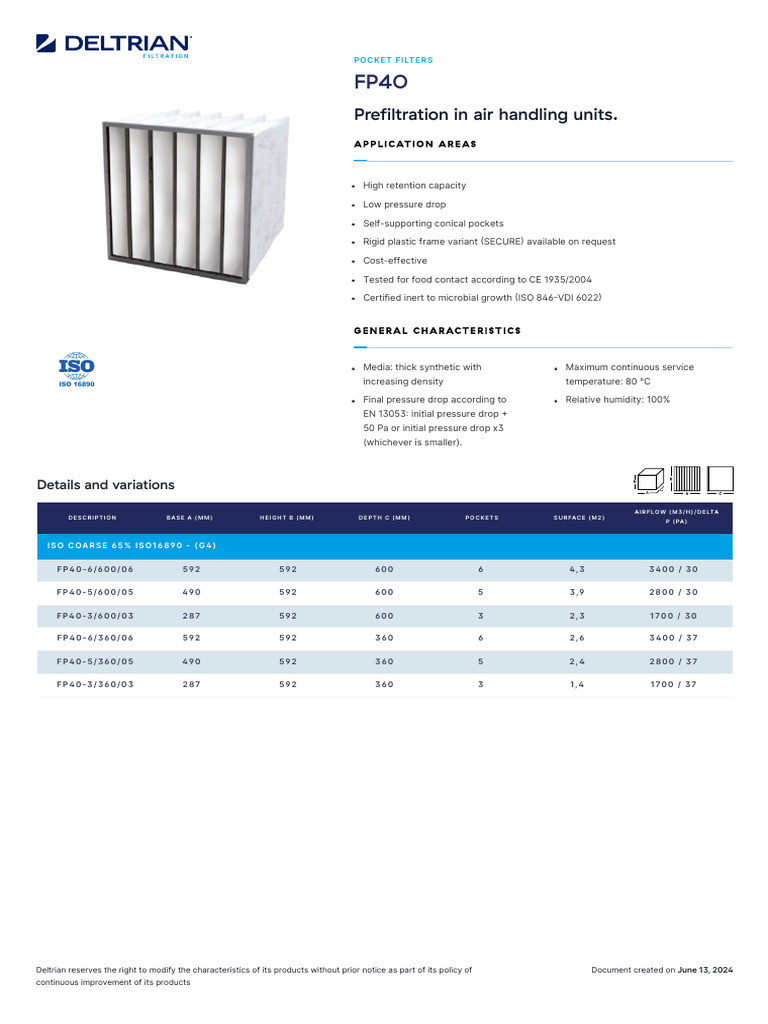 Deltrian FP40 Pocket Filters Overview | PDF