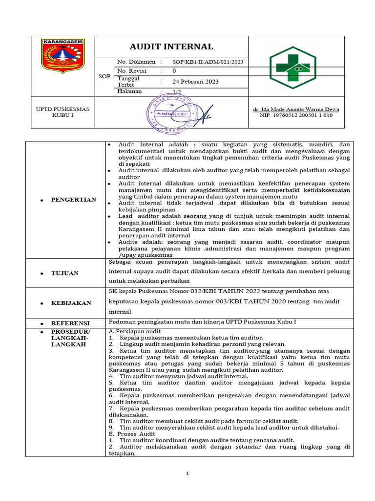 SOP Audit Internal | PDF