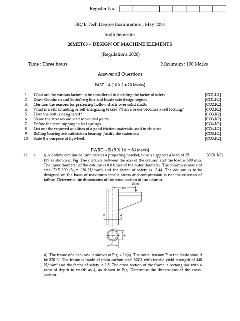 Design of machine elements question paper sample | PDF | Strength Of ...