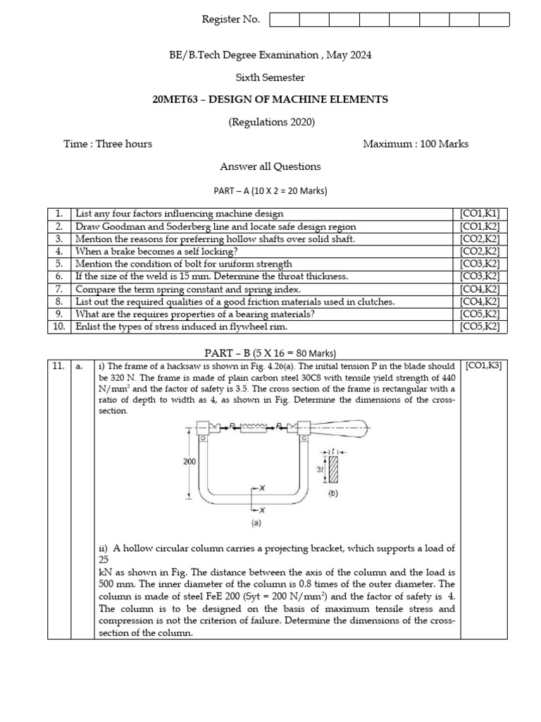 Design of Machine Elements Question Paper Sample | PDF | Strength Of ...
