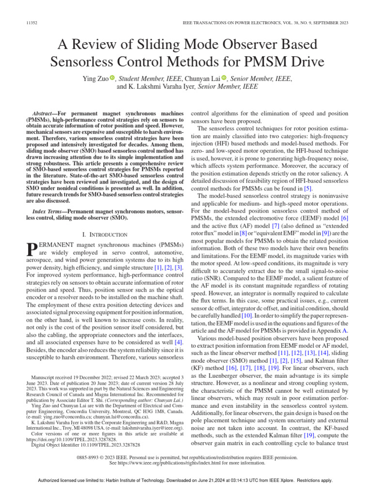 A Review of Sliding Mode Observer Based Sensorless Control Methods For PMSM Drive | PDF ...