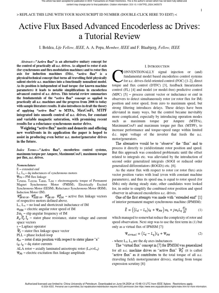 Active Flux Based Advanced Encoderless Ac Drives A Tutorial Review ...
