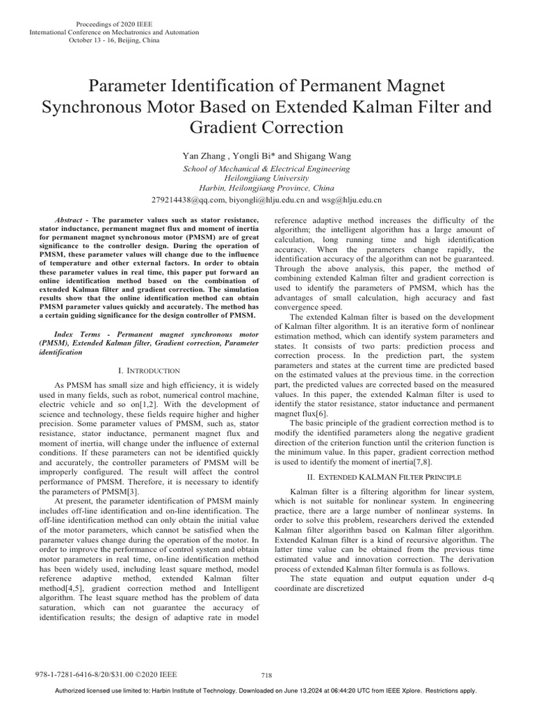 Parameter Identification of Permanent Magnet Synchronous Motor Based On Extended Kalman Filter ...
