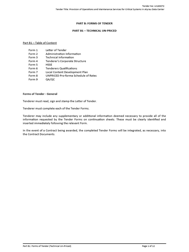 EN - ITT Part B1 - Forms of Tender (Technical Unpriced) | PDF | Financial Statement | Accounting