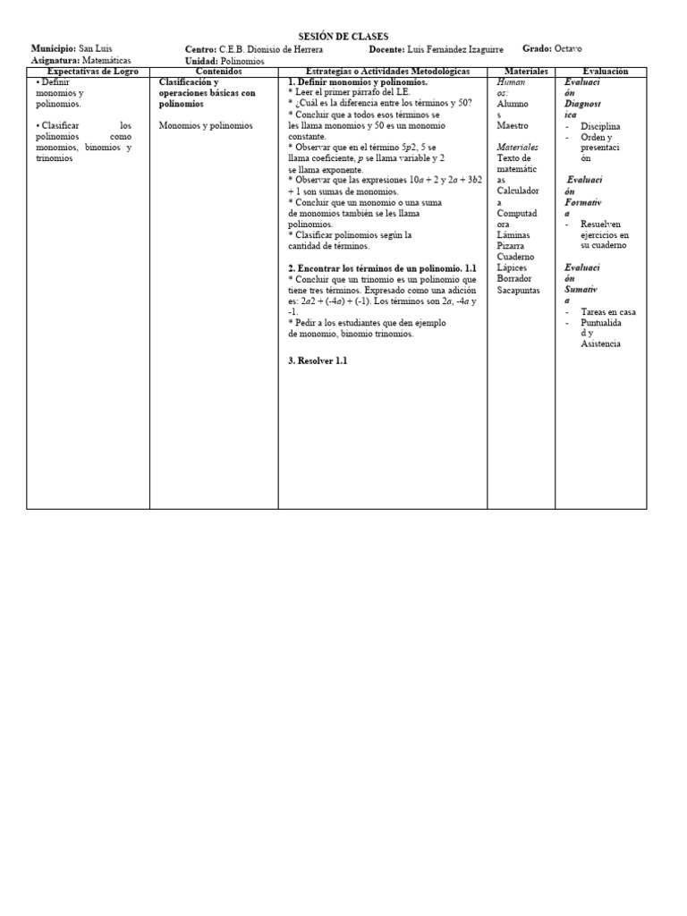 8 Planes de Clases Matematicas | PDF | Multiplicación | Ecuaciones