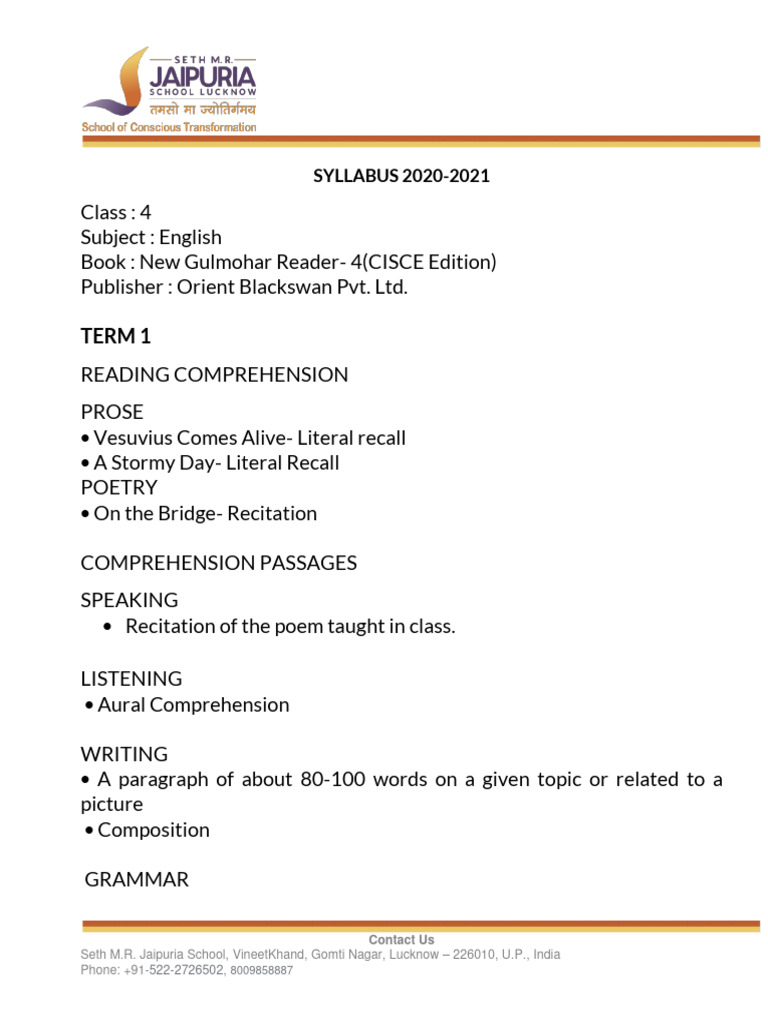 English Class 4 Syllabus 2020 21 Updated 26th Sep | PDF | English ...