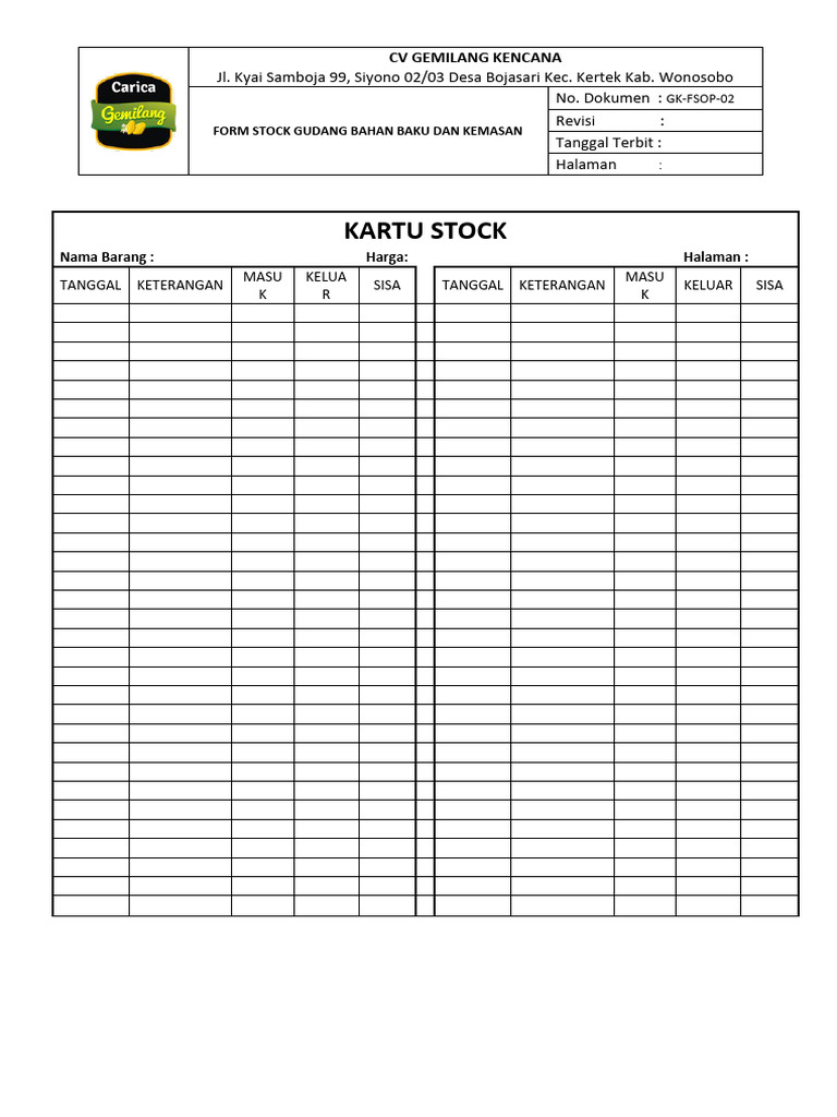 Gk-Fsop-02 Form Stock Gudang Bahan Baku Dan Kemasan | PDF