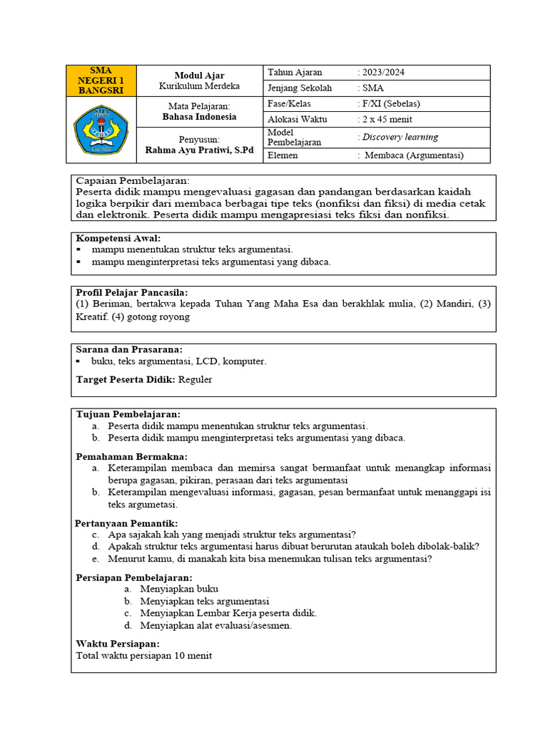 MODUL AJAR 1 MEMBACA Argumentasi | PDF