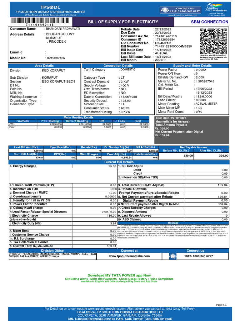Bill of Supply For Electricity: Area Details Connection Details Supply ...