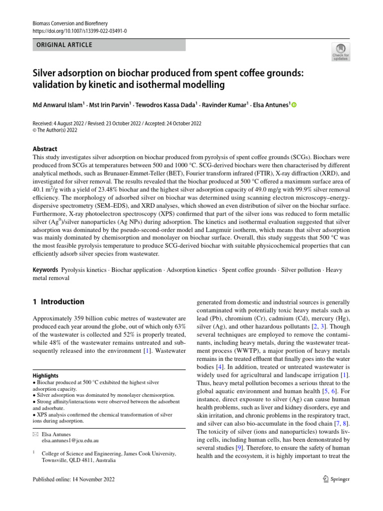 Silver Adsorption On Biochar Produced From Spent Coffee Grounds ...