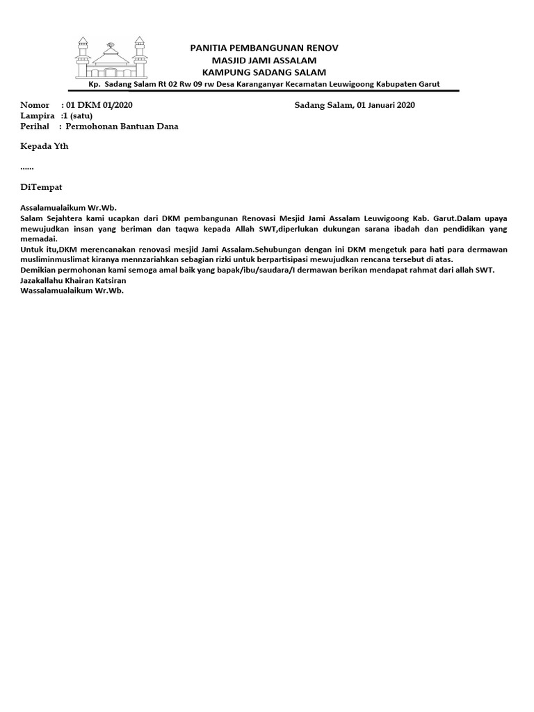 Permohonan Dana Renovasi Masjid Assalam | PDF