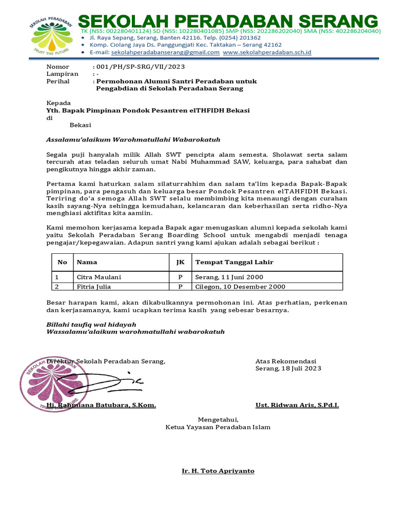 001 Permohonan Pengabdian Santri | PDF | Kesehatan Holistik