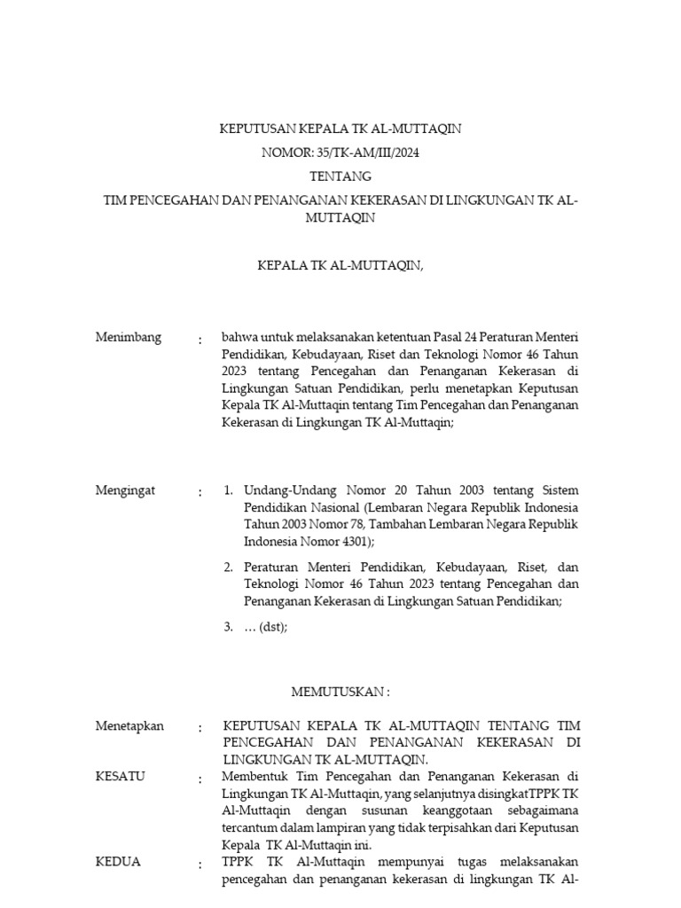 Contoh SK Kepala Satuan Pendidikan Pembentukan TPPK (File Word) | PDF
