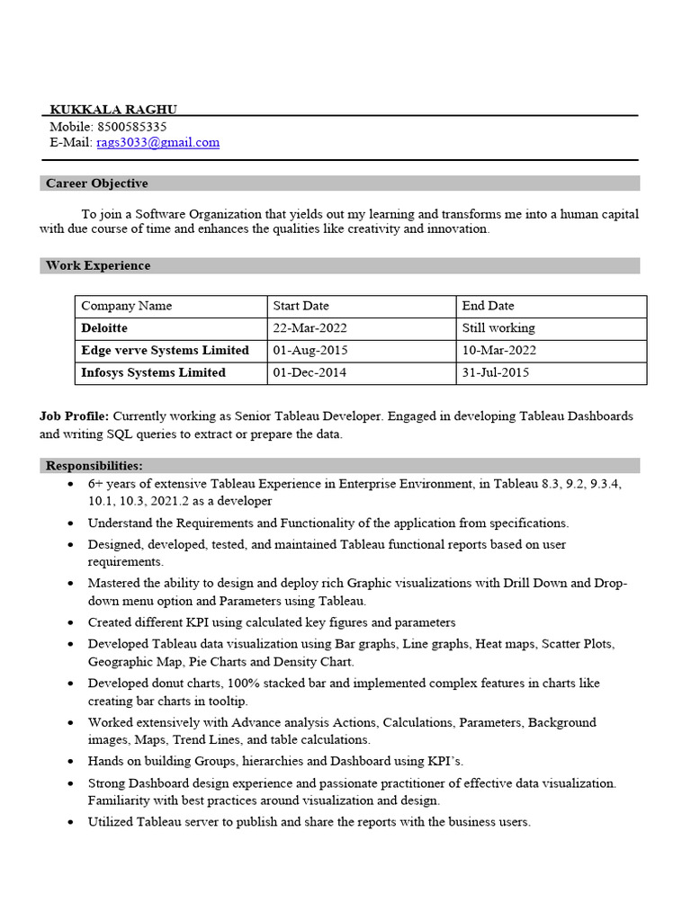 Senior Tableau Developer Resume | PDF | Chart | Information Technology
