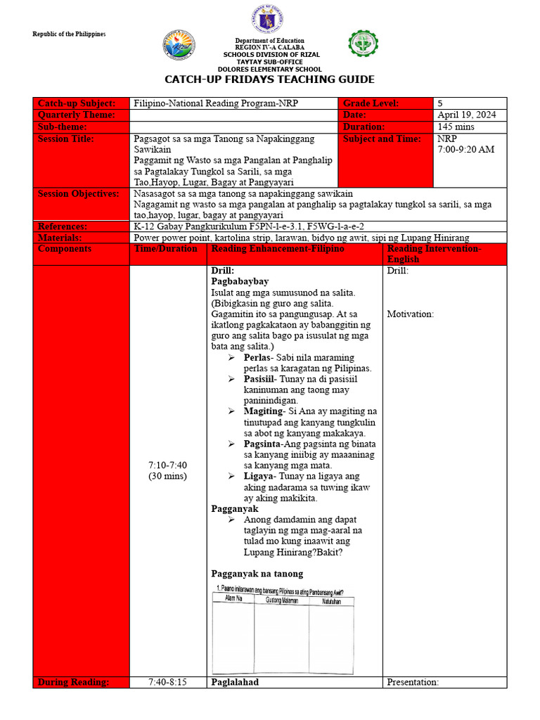 Catch Up Friday Lesson Plan | PDF