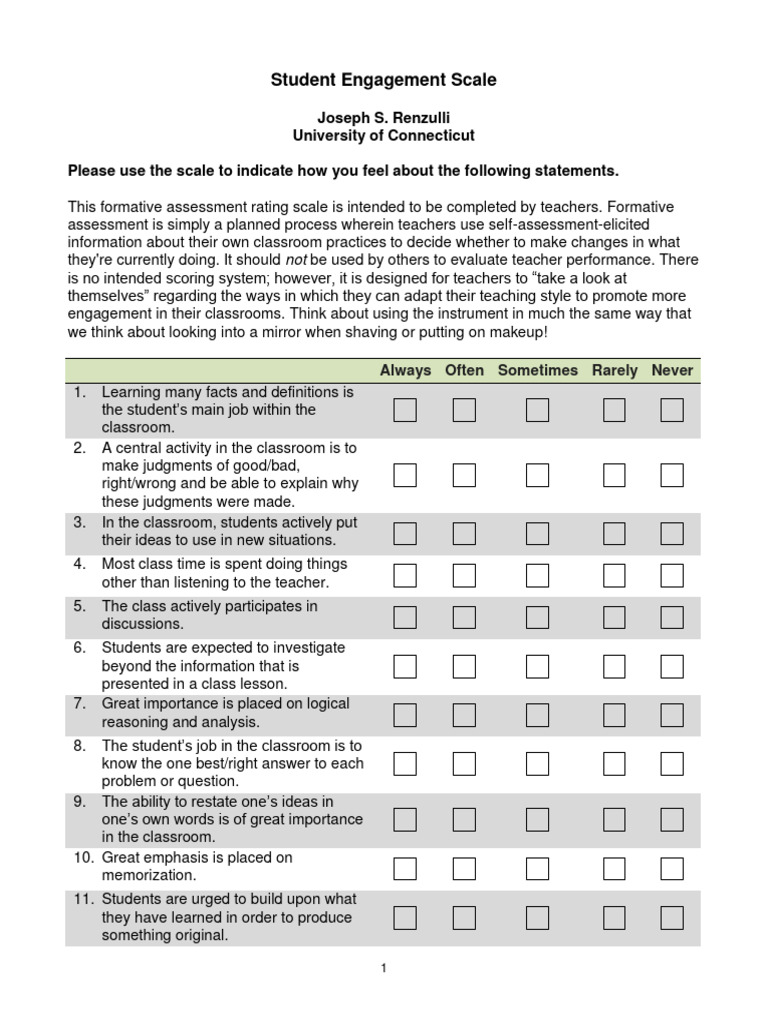 Teacher Engagement Self-Assessment Scale | PDF | Teachers | Cognitive ...
