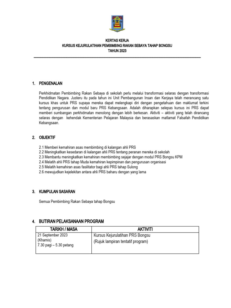 Kertas Kerja Kursus PRS Bongsu 2022 | PDF