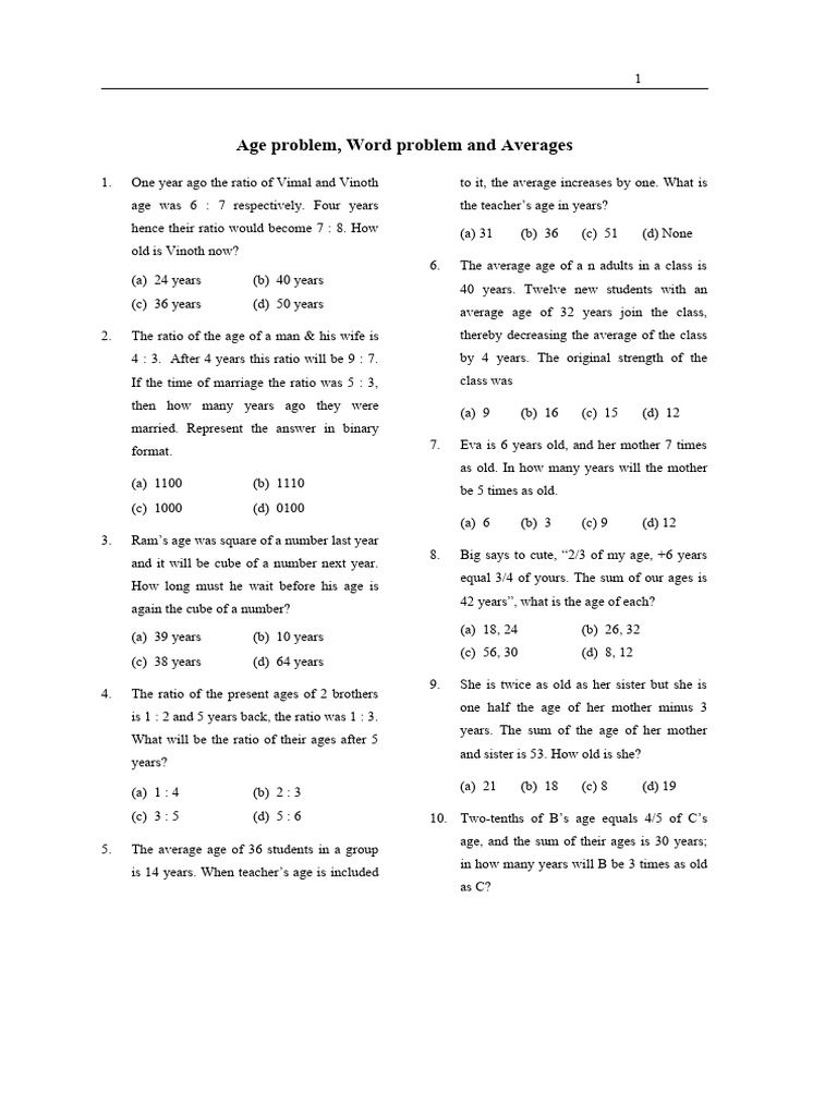 Age Problem, Word Problem and Averages | PDF | Salary | Pound (Mass)
