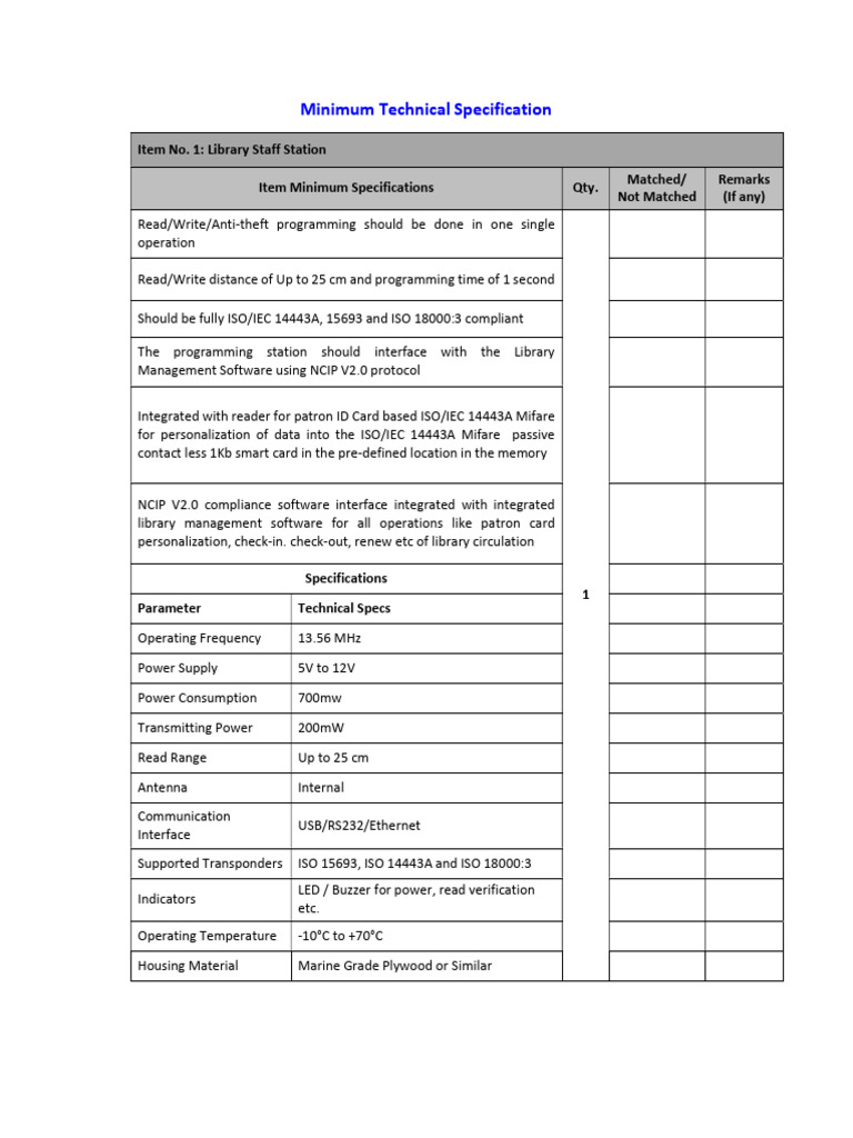 Minimum Technical Specification | PDF | Radio Frequency Identification ...