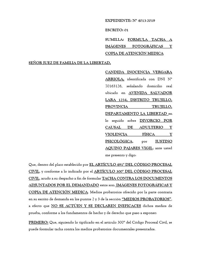 Cuestión Probatoria - Tacha | PDF | Demanda judicial | Documento de identidad