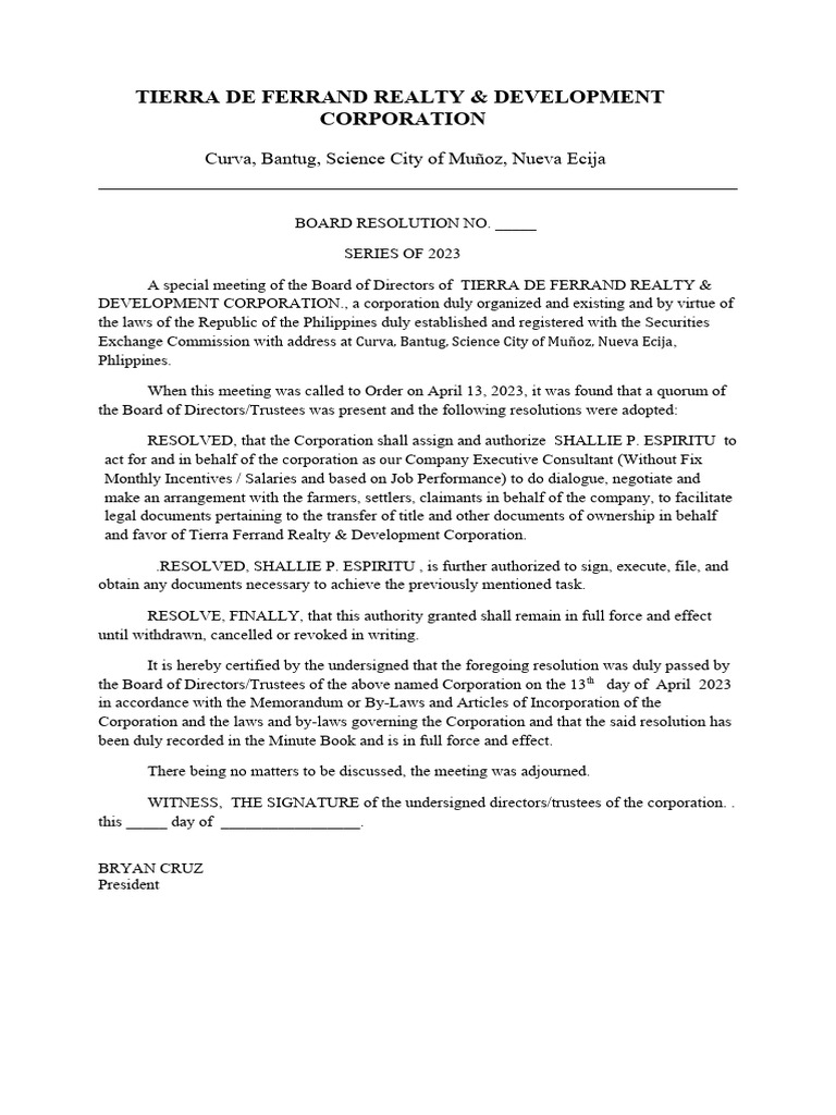 BOARD RESOLUTION Tierra | PDF | Corporations | Civil Law (Common Law)